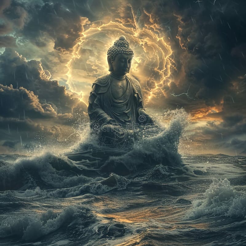 Create a Dramatic and Serene Image of Buddha Floating Above the Ocean ...