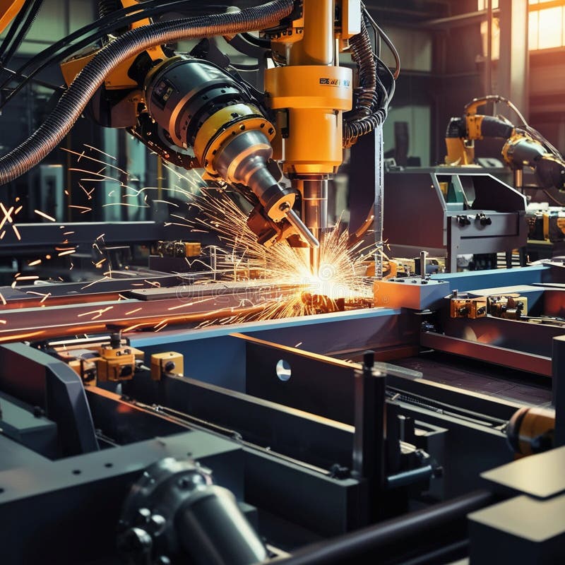High-Tech Industrial Manufacturing: Automated Machinery with Sparks ...