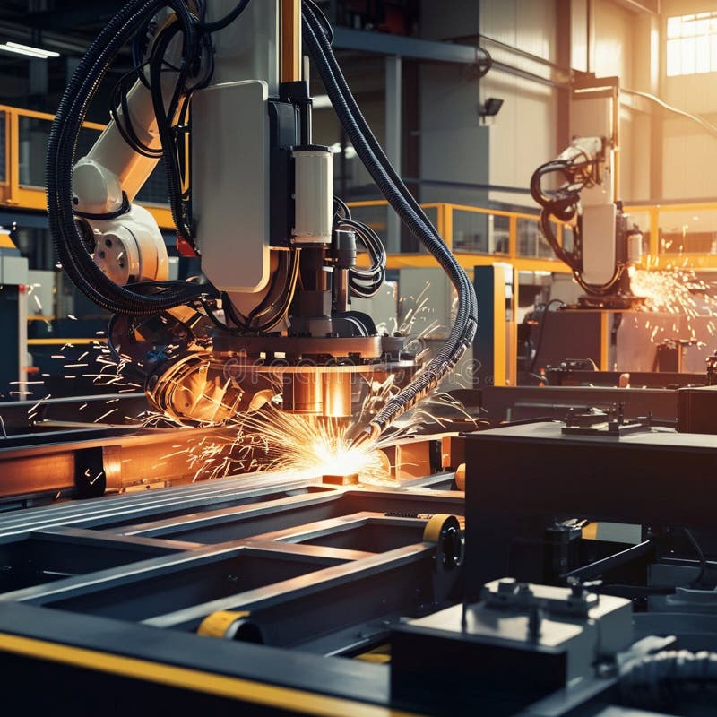 High-Tech Industrial Manufacturing: Automated Machinery with Sparks ...