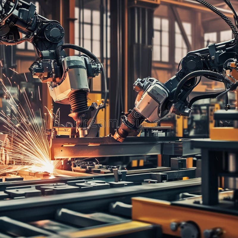 High-Tech Industrial Manufacturing: Automated Machinery with Sparks ...