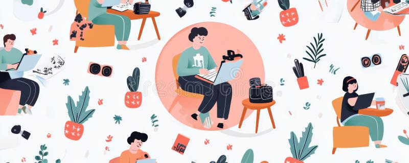 Seamless Pattern with a Content Creator with Circle Behind Stock ...