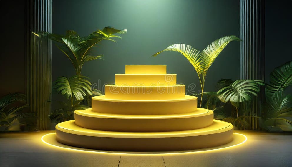 Create an Eye-catching 3D Render of a Series of Lit Yellow Step Podiums ...
