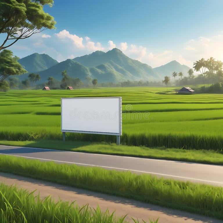 Blank Billboard Mockup on Country Road with Beautiful Rice Fields Stock ...