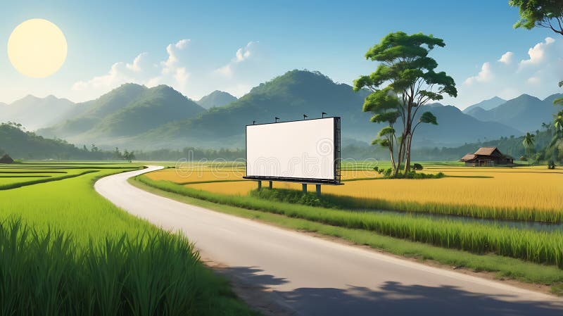 Blank Billboard Mockup on Country Road with Beautiful Rice Fields Stock ...