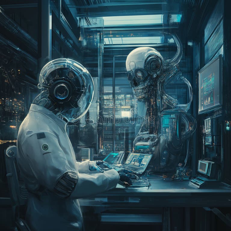 Create a High-tech Background Image of a Robot Working on a Desk ...