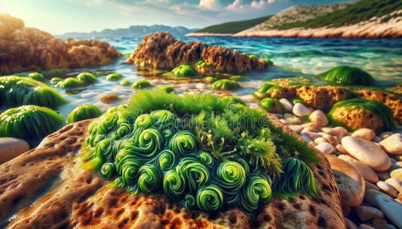 Beautiful Green Fresh Seaweed Algae on a Stone Beach Stock Illustration ...