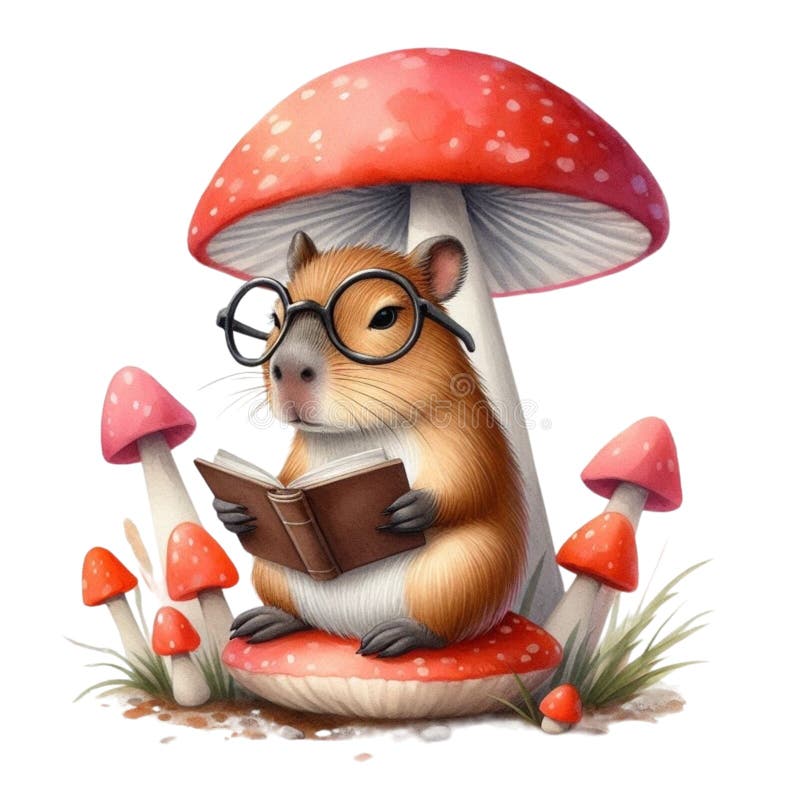 Capybara Reading a Book on a Mushroom S Back Stock Illustration ...