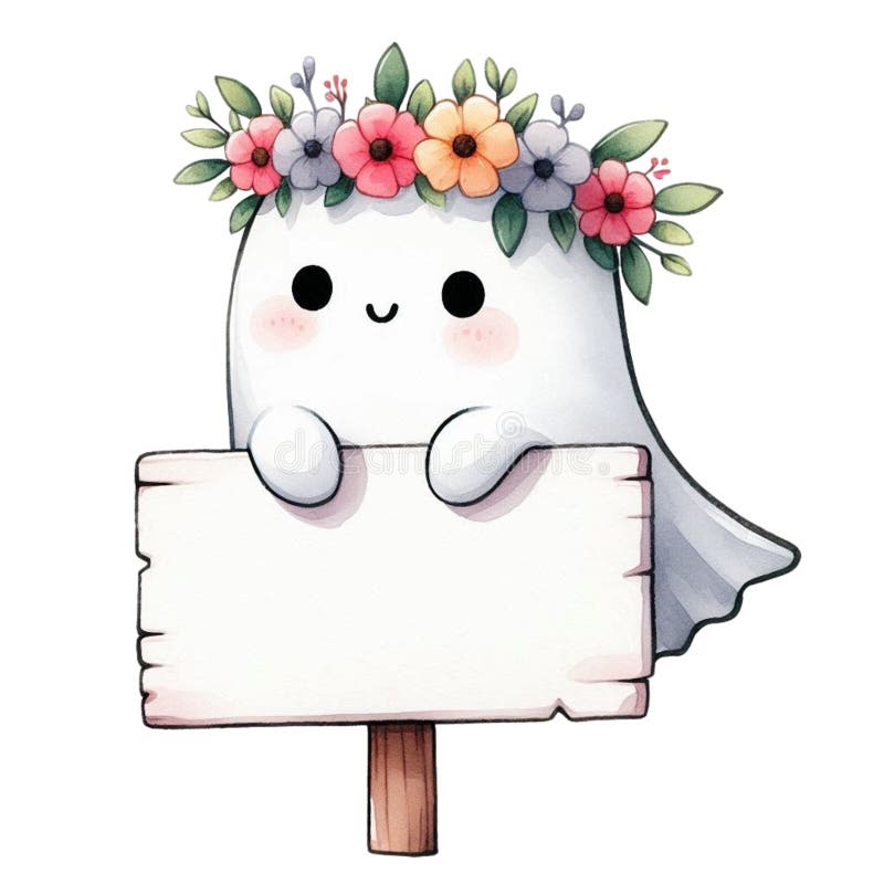 Cute Ghost Holding a White Sign Clipart Watercolor Stock Illustration ...