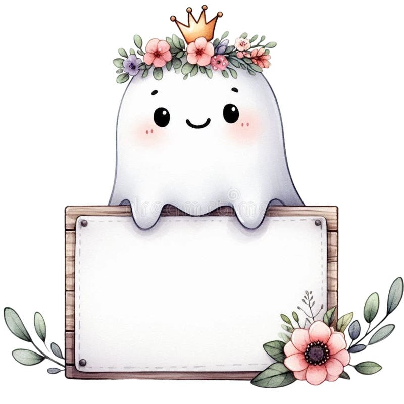 Cute Ghost Holding a White Sign Clipart Watercolor Stock Vector ...