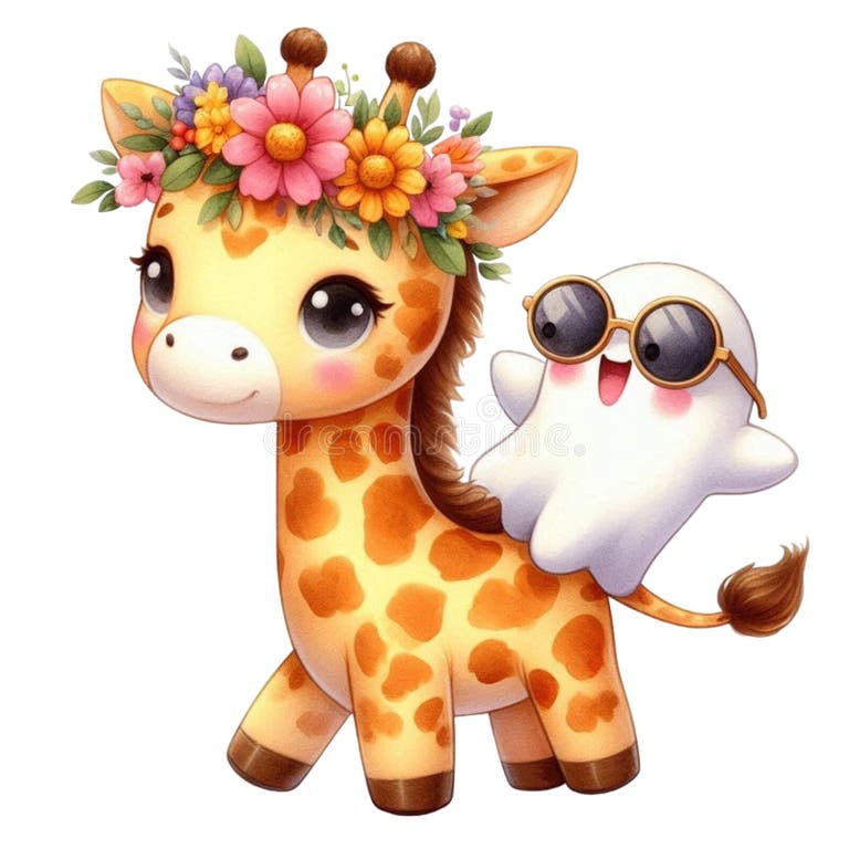 Giraffe and Cute Ghost Clipart Watercolor Stock Vector - Illustration ...