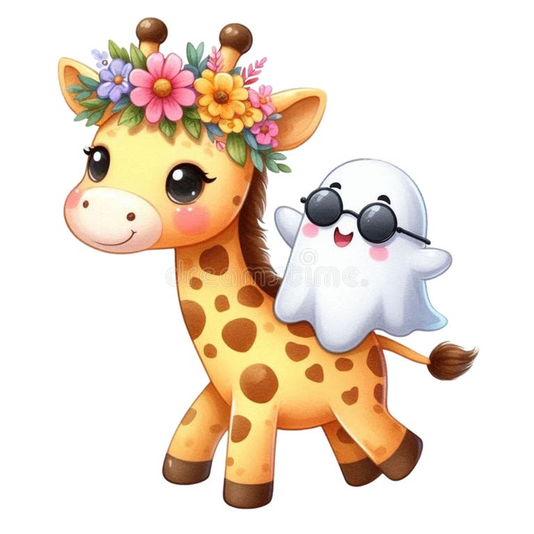 Giraffe and Cute Ghost Clipart Watercolor Stock Vector - Illustration ...