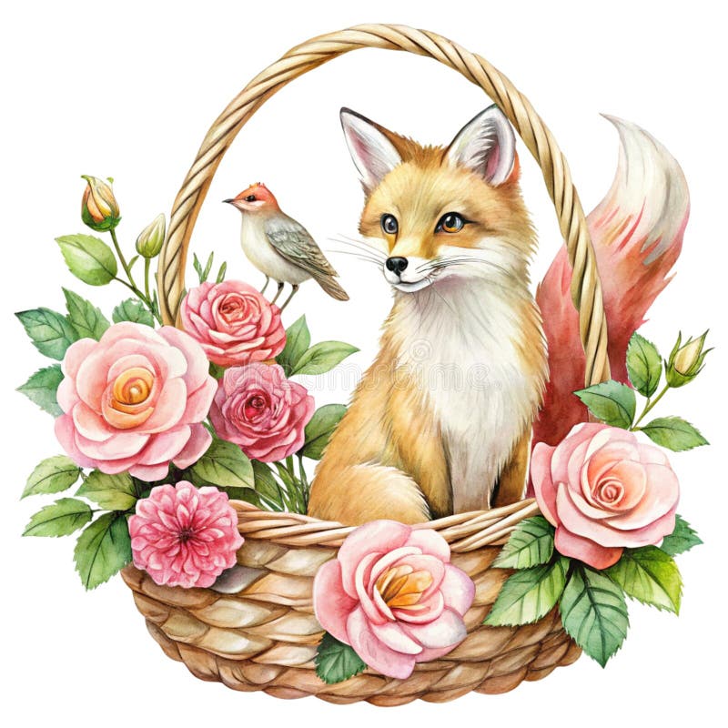 Golden Fox Rose Basket Clipart Watercolor Stock Vector - Illustration ...