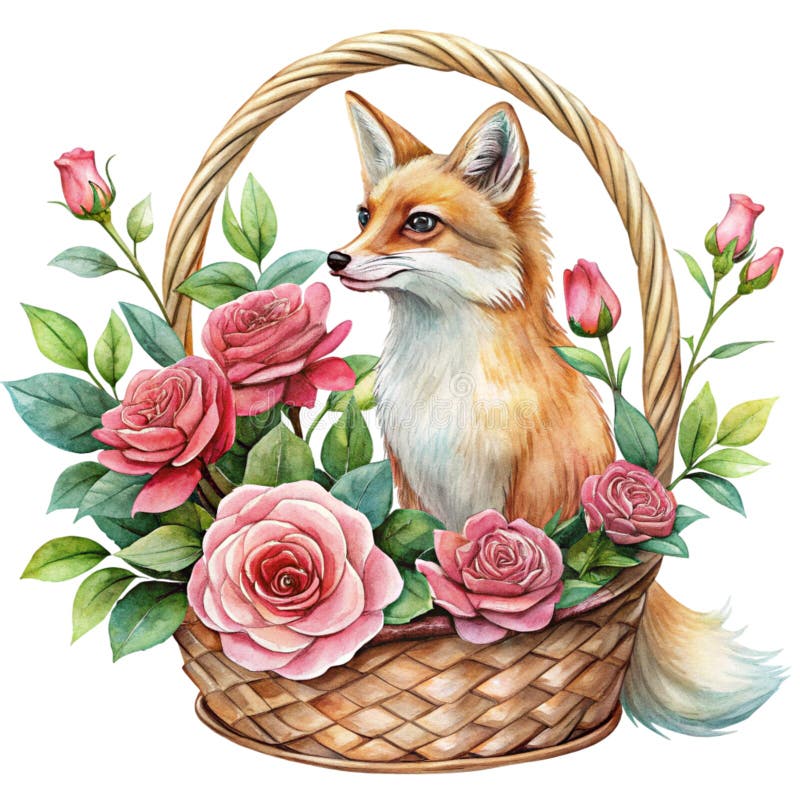 Golden Fox Rose Basket Clipart Watercolor Stock Vector - Illustration ...