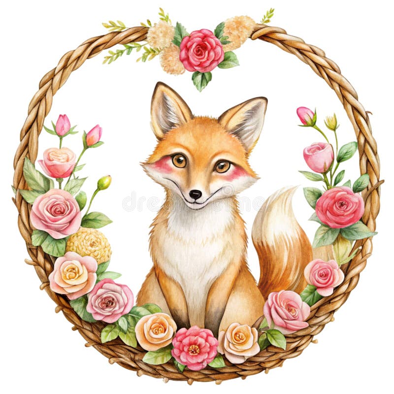 Golden Fox Rose Basket Clipart Watercolor Stock Vector - Illustration ...