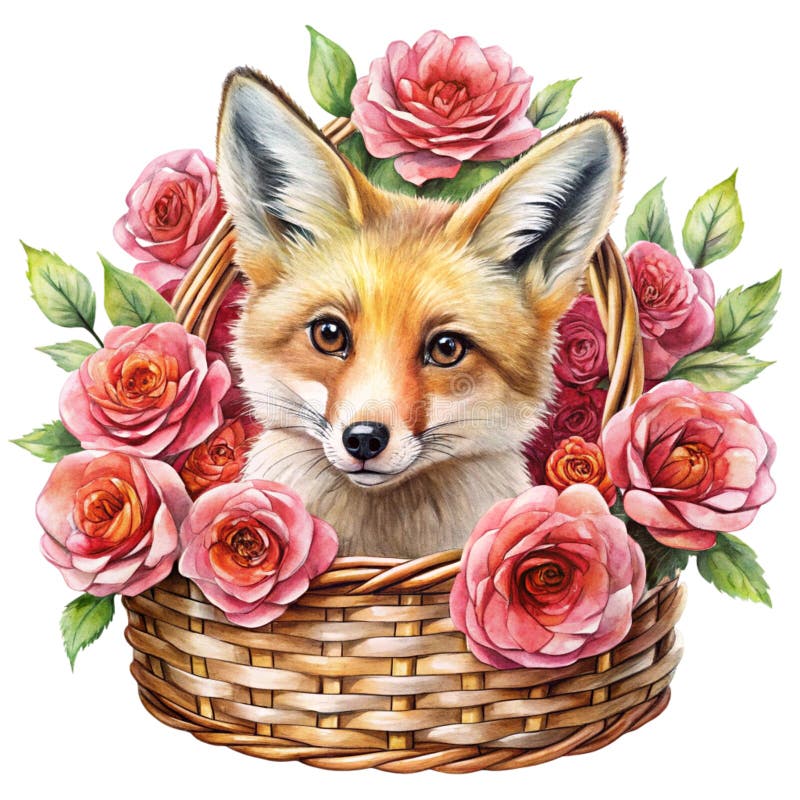 Golden Fox Rose Basket Clipart Watercolor Stock Vector - Illustration ...