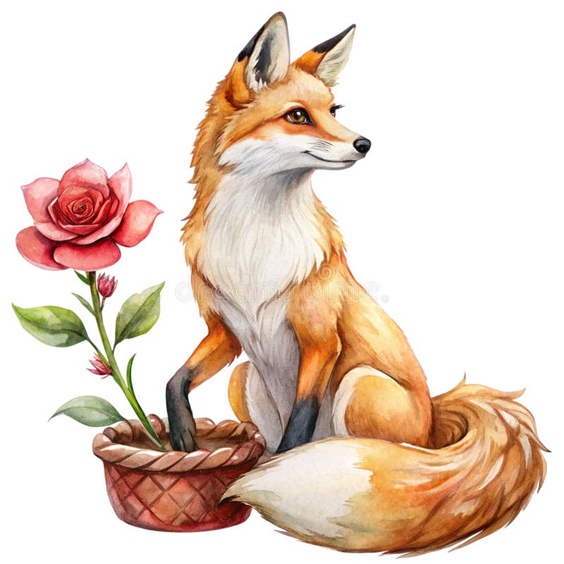 Golden Fox Rose Basket Clipart Watercolor Stock Vector - Illustration ...