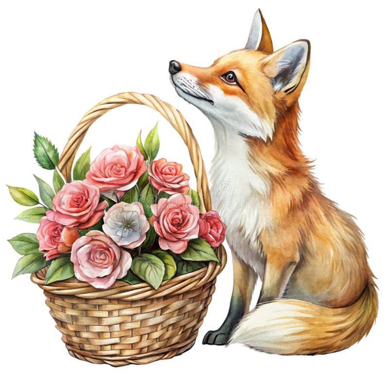Golden Fox Rose Basket Clipart Watercolor Stock Vector - Illustration ...
