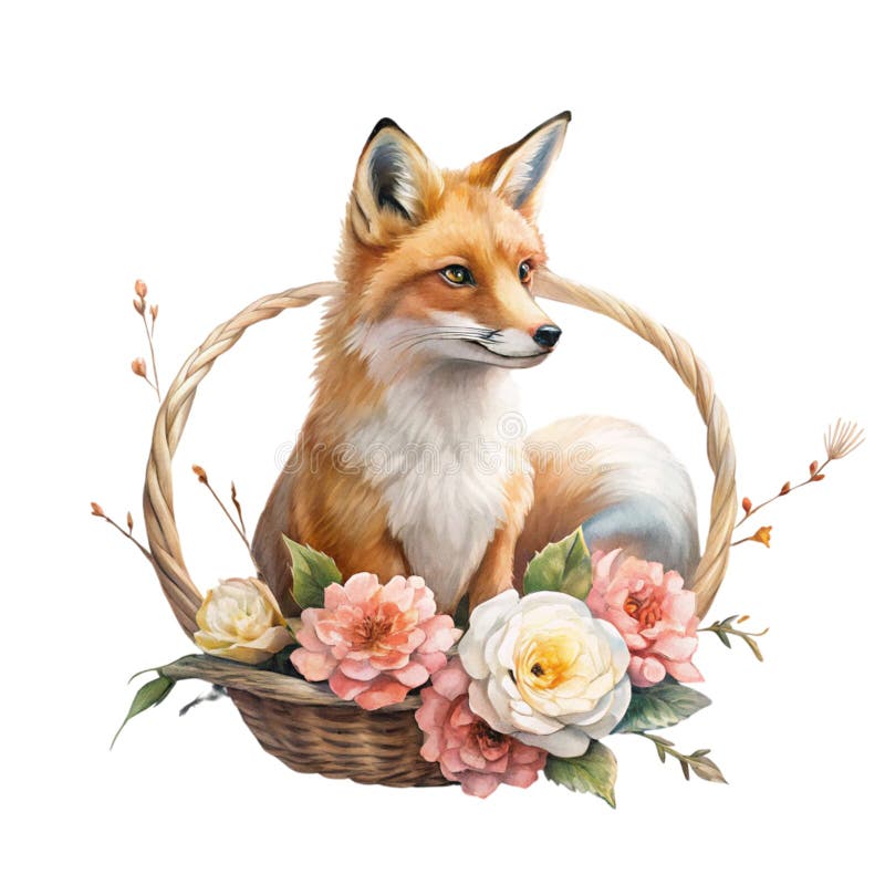 Golden Fox Rose Basket Clipart Watercolor Stock Vector - Illustration ...