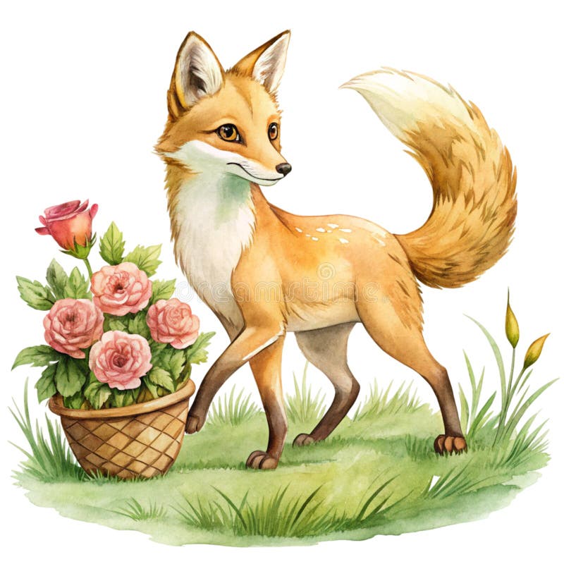 Golden Fox Rose Basket Clipart Watercolor Stock Vector - Illustration ...