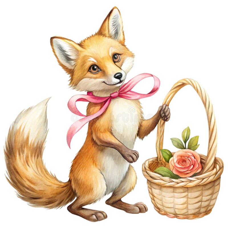 Golden Fox Rose Basket Clipart Watercolor Stock Illustration ...