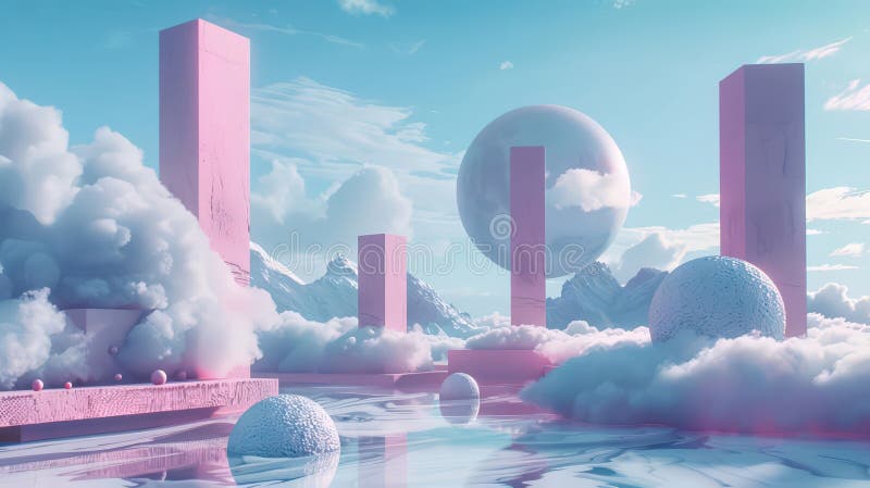 Create an Image of a Pink and Blue Dreamscape with Pink Structures a ...
