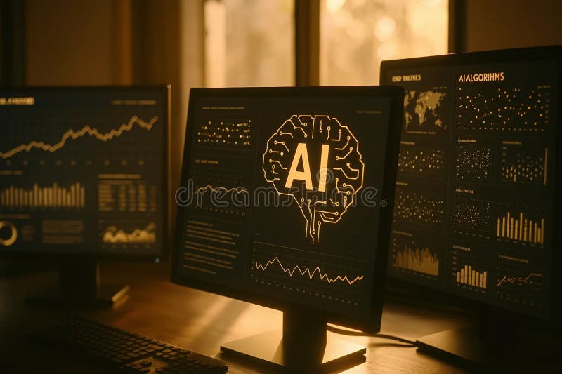 Three Computer Monitors Display Data Analytics and Artificial ...