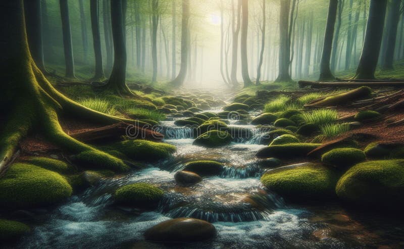 Spring Background Stream of Water in the Forest Stock Illustration ...