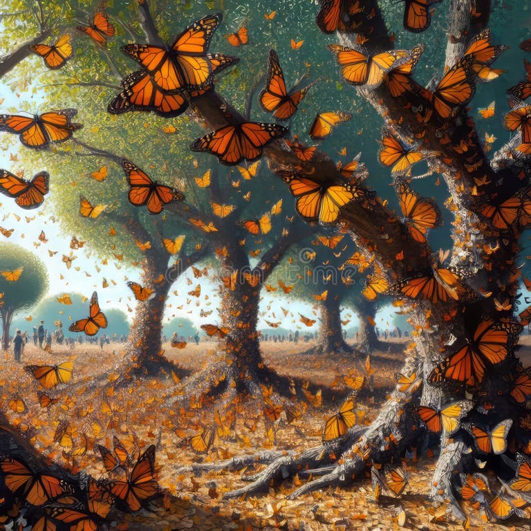 Create Images of Countless Monarchs Clustered on Tree Trunks or Stock ...