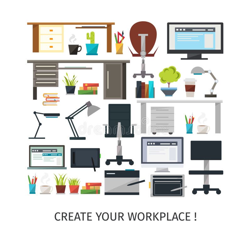 Create Interior Working Place Icon Set Stock Vector - Illustration of ...