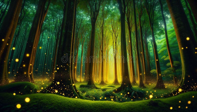 A Magical Forest Illuminated by Fireflies Stock Illustration ...