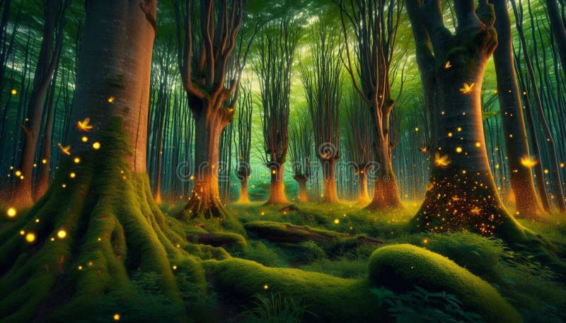 A Magical Forest Illuminated by Fireflies Stock Illustration ...