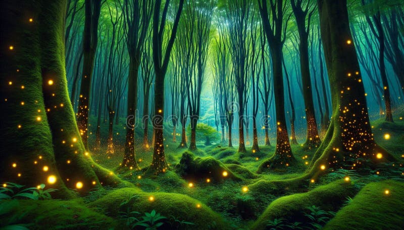 A Magical Forest Illuminated by Fireflies Stock Illustration ...