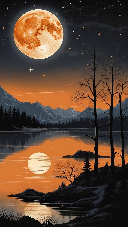 Create a Night Scene with a Large Luminous Orange Full Ai Generated Stock Illustration ...
