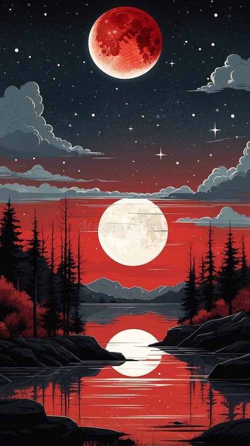 Create a Night Scene with a Large Luminous Red Full Mo Ai Generated Stock Illustration ...
