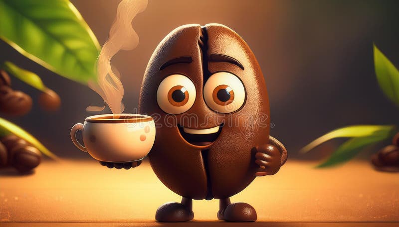 Create a Cute Coffee Bean Character Drinking Coffee. the Character Has ...