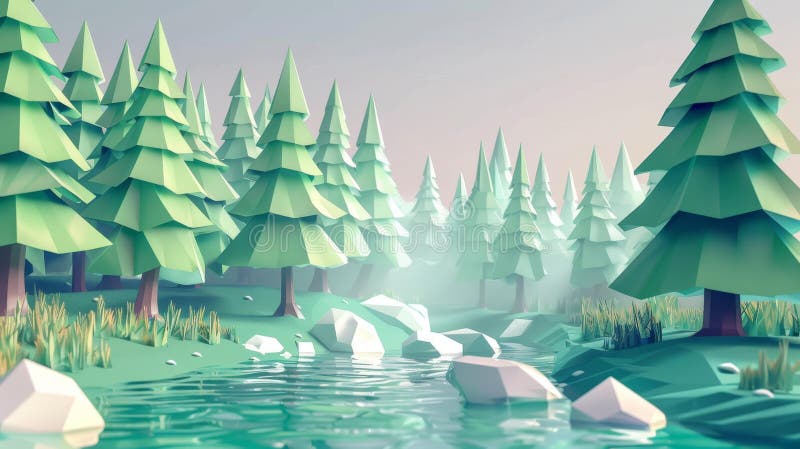 Create a Serene Low Poly Forest with Pastel Shaded Trees and Streams ...