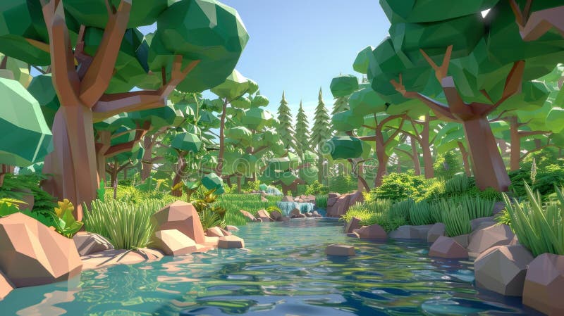 Create a Serene Low Poly Forest with Pastel Shaded Trees and Streams ...
