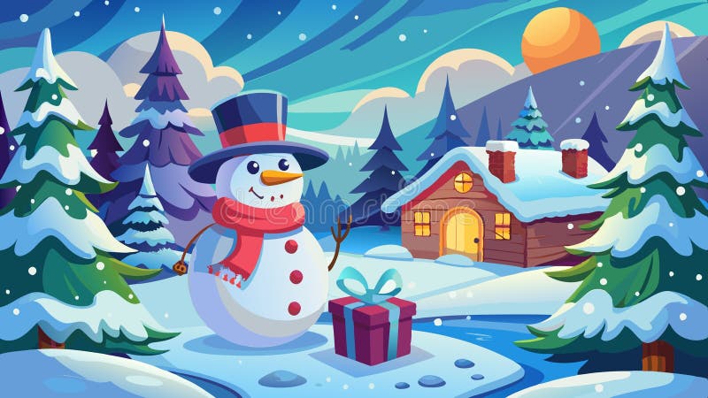 Create a Snowman Scene with the Gift in a Snowy Landscape. Stock Vector ...