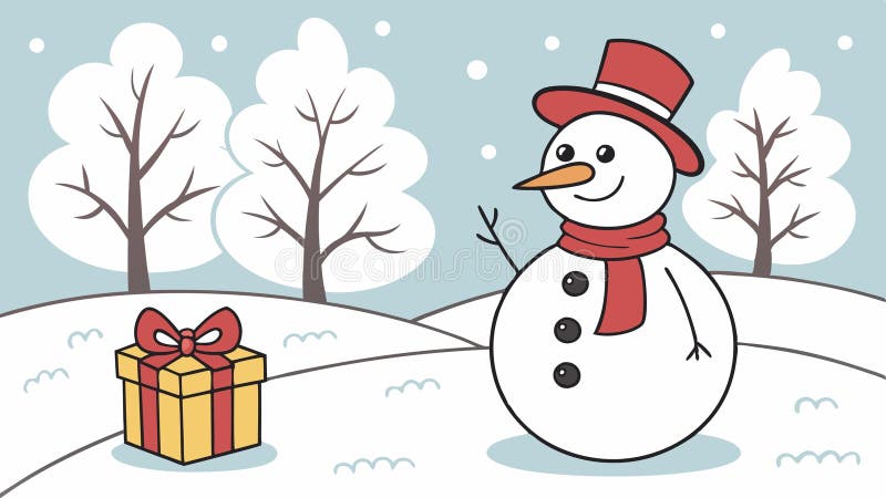 Create a Snowman Scene with the Gift in a Snowy Landscape. Stock Vector ...