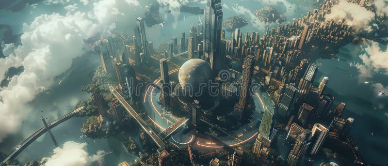 Alien Cityscape with Majestic Towers and Moons Stock Photo - Image of ...