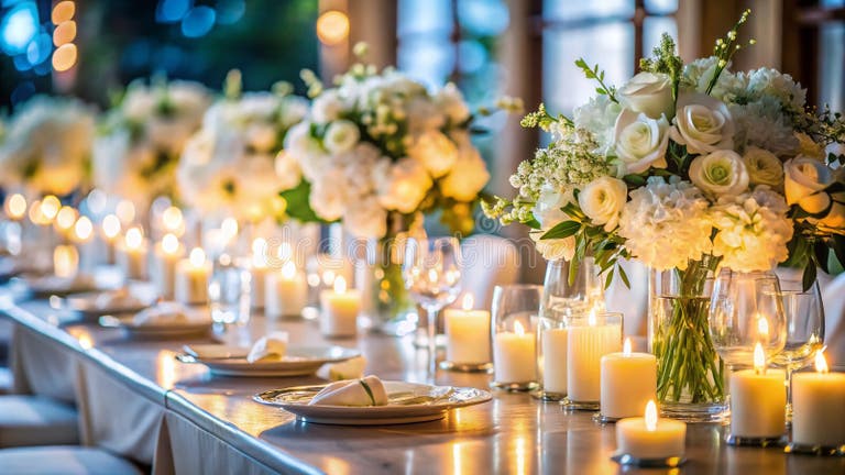 Elegant Restaurant Reception Table Decor White Flowers Candles and ...
