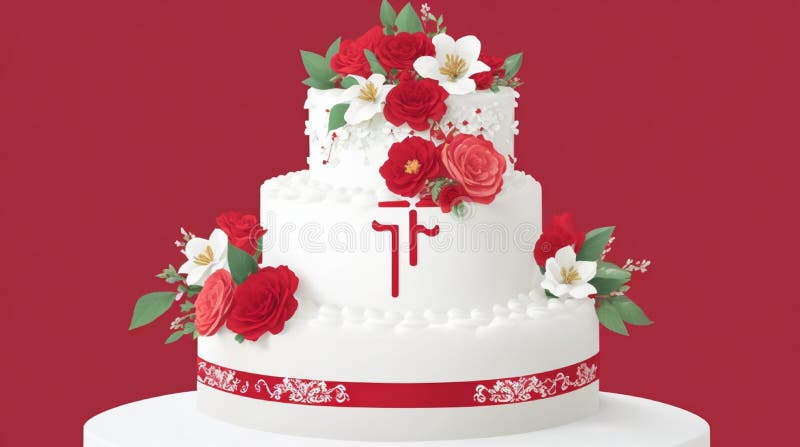 Create A Vector Illustration Of A White And Red Wedding Cake With Floral Decorations Stock