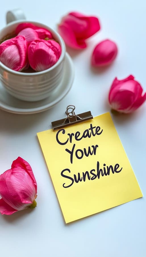 Create Your Sunshine Note Pink Flowers and Coffee, Inspirational Flat ...