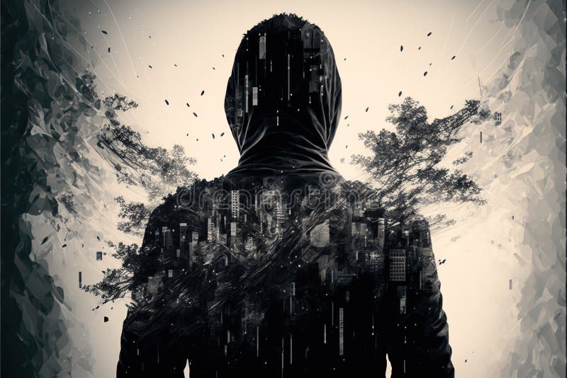 Created with Generative AI Technology. Back View on Man Standing Alone ...