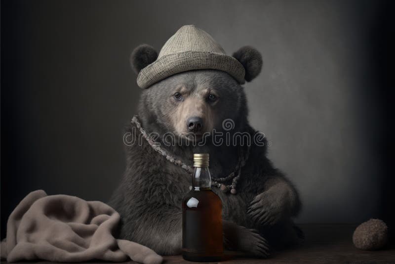 Created with Generative AI Technology. Bear Sitting with Vokda. Russina ...