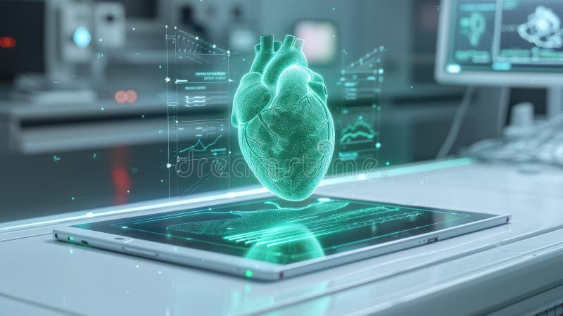 Vibrant Green 3D Holographic Heart that is Projected from a Tablet on ...