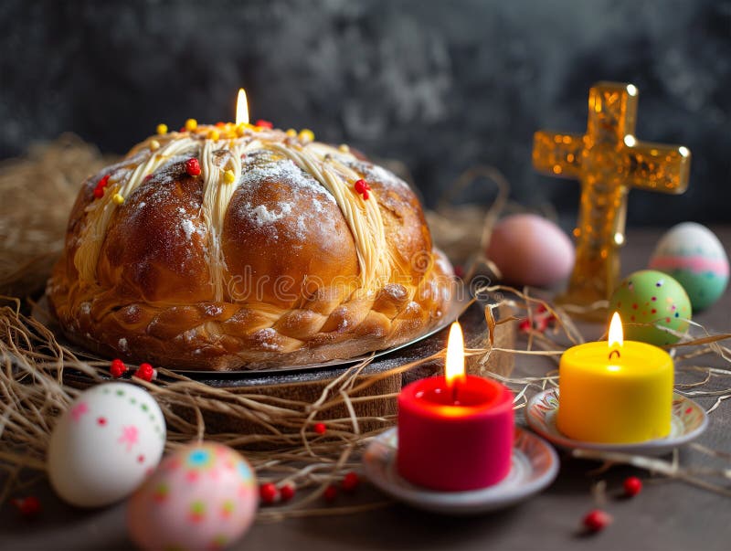 Easter Bread with Candles and Caramel Cross. Stock Image - Image of ...