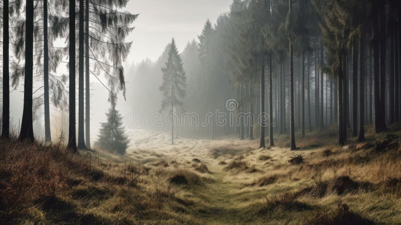 Black Forest Landscape with Towering Trees and Mist in the Air Stock ...