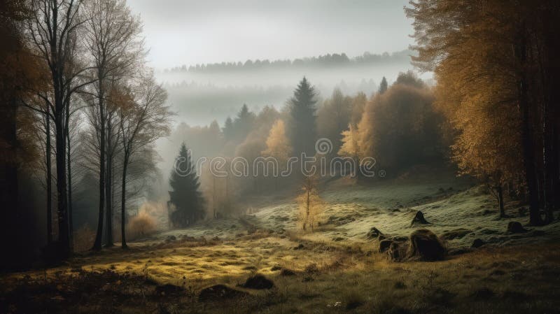 Black Forest Landscape with Towering Trees and Mist in the Air Stock ...