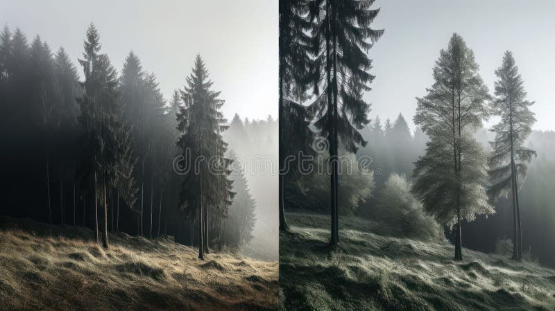 Black Forest Landscape with Towering Trees and Mist in the Air Stock ...